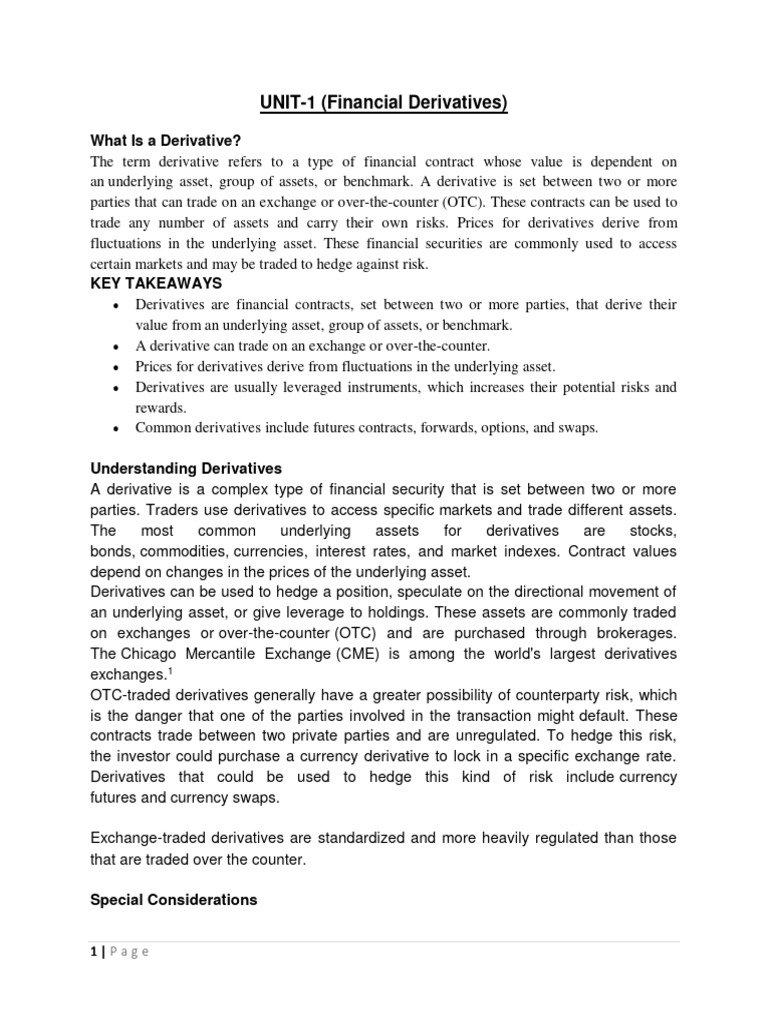 FD-Unit One - Lecture Notes | PDF | Derivative (Finance) | Futures Contract