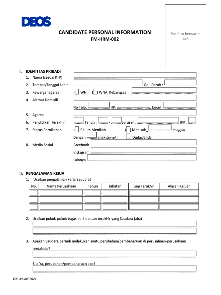 Deos Candidate Personal Information | PDF