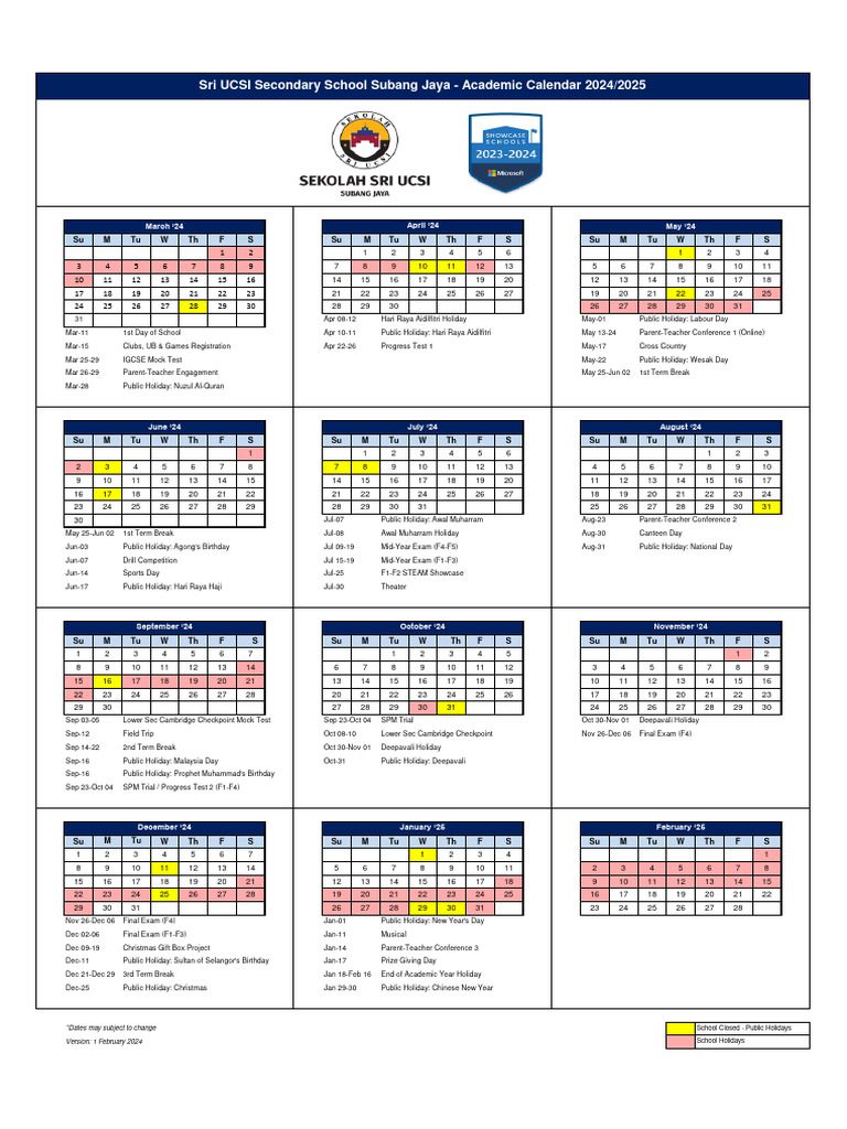 Sri UCSI Secondary School Calendar 2024 | PDF | Observances ...