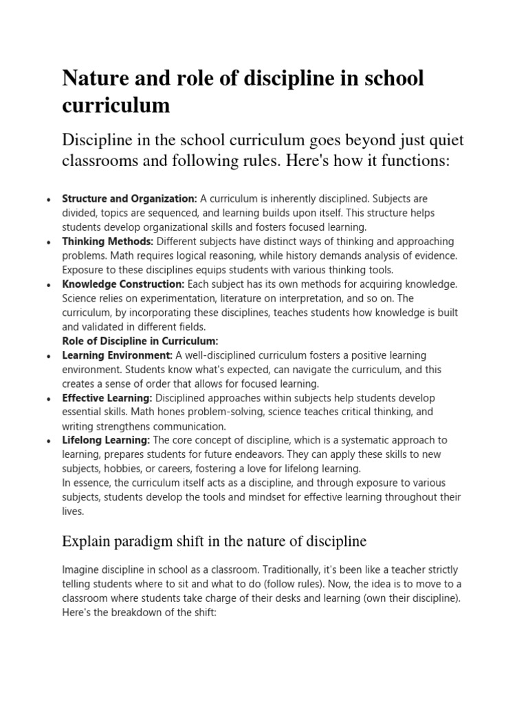 Nature and Role of Discipline in School Curriculum | PDF | Curriculum ...