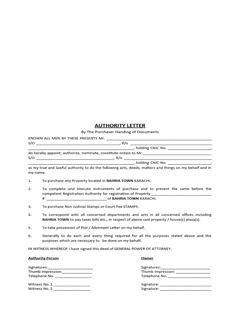 AUTHORITY LETTER Bahria Town | PDF | Law