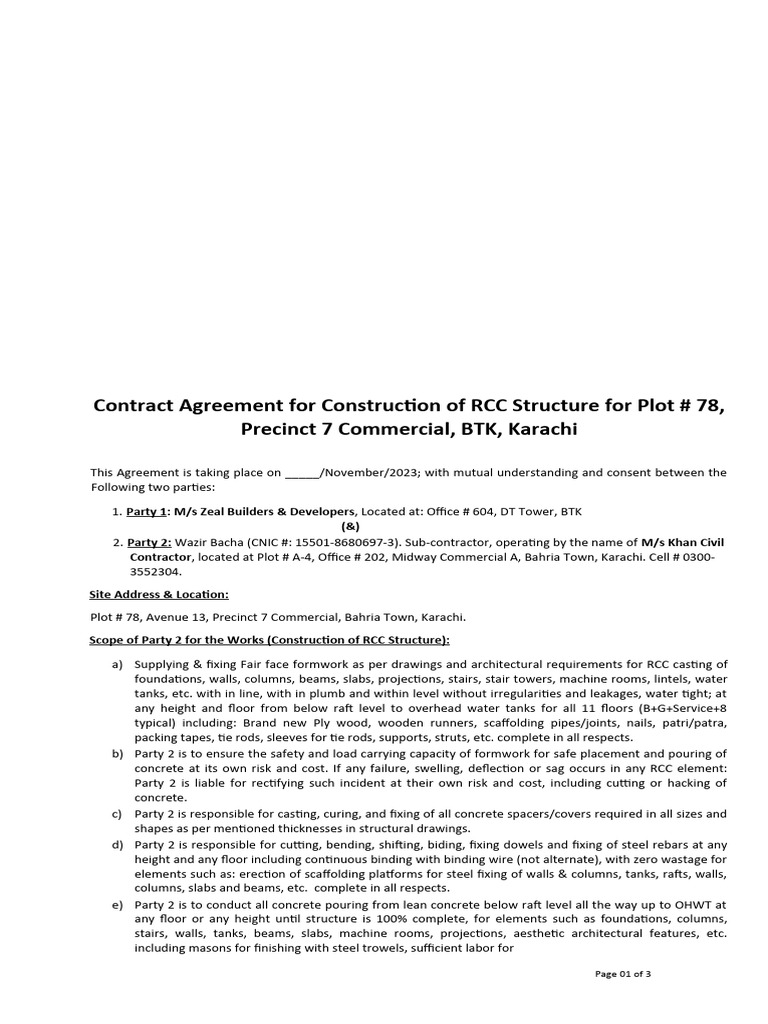 Contract Agreement For Construction of RCC Plot 78 | PDF | Concrete ...