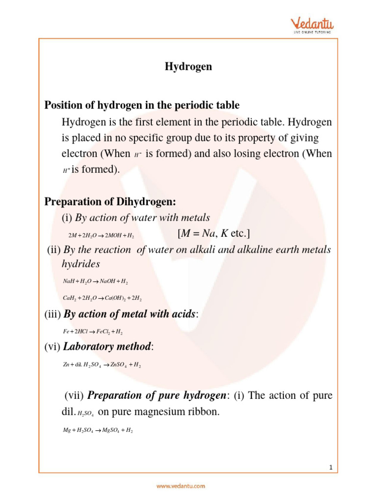 JEE Main 2023 Hydrogen Revision Notes - Free PDF Download | PDF ...
