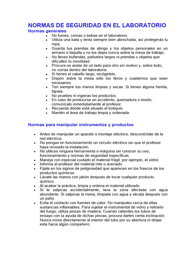 Normas de Seguridad en El Laboratorio | Descargar gratis PDF | Laboratorios