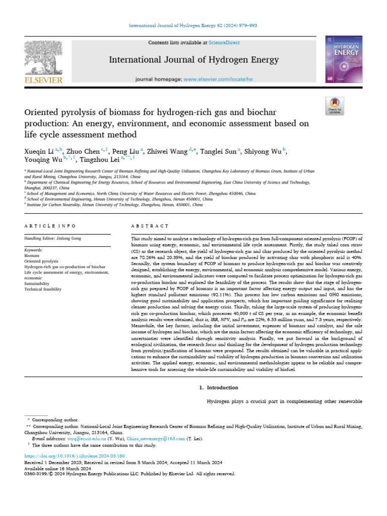 Biomass Pyrolysis for Hydrogen and Biochar | PDF | Life Cycle ...