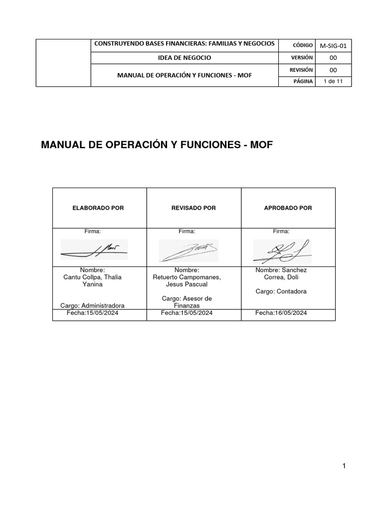 MANUAL DE OPERACION Y FUNCIONES - MOF Final | PDF | Presupuesto | Business