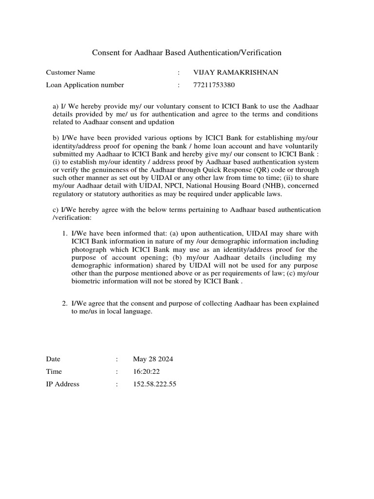 Consent For Aadhaar Based Authentication/Verification | PDF