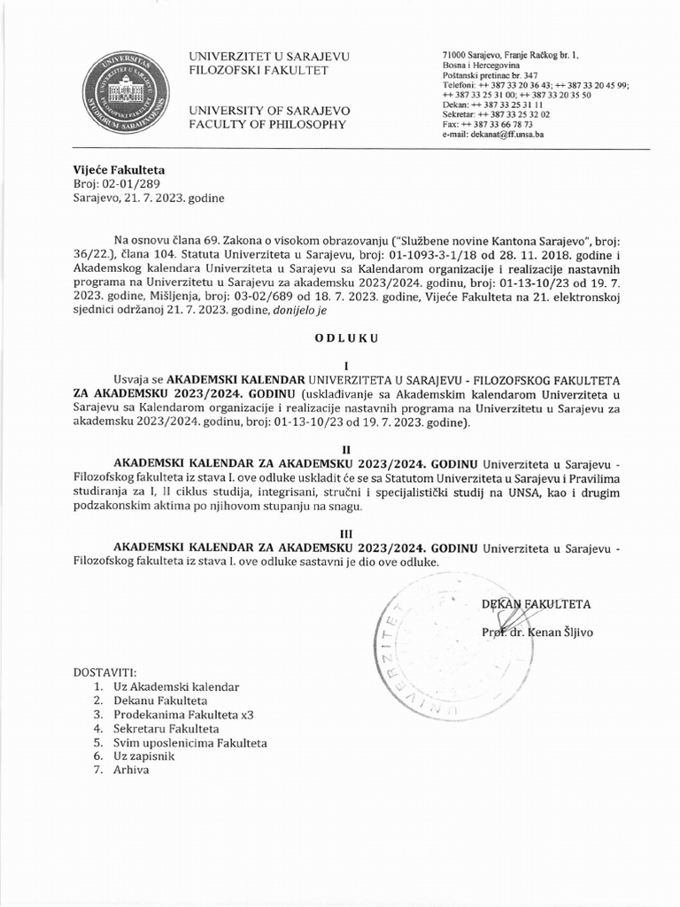 Akademski Kalendar UNSA FF 2023 2024 | PDF