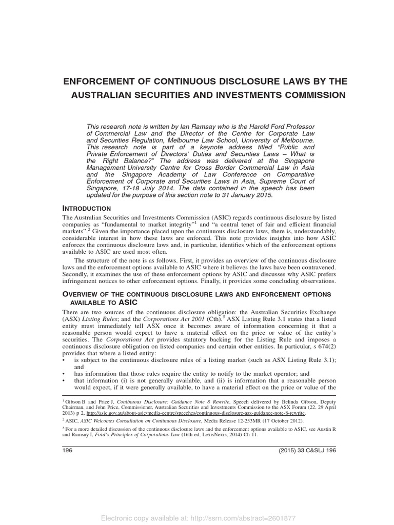 Enforcement of Continuous Disclosure Laws | PDF | Copyright Infringement | Discovery (Law)