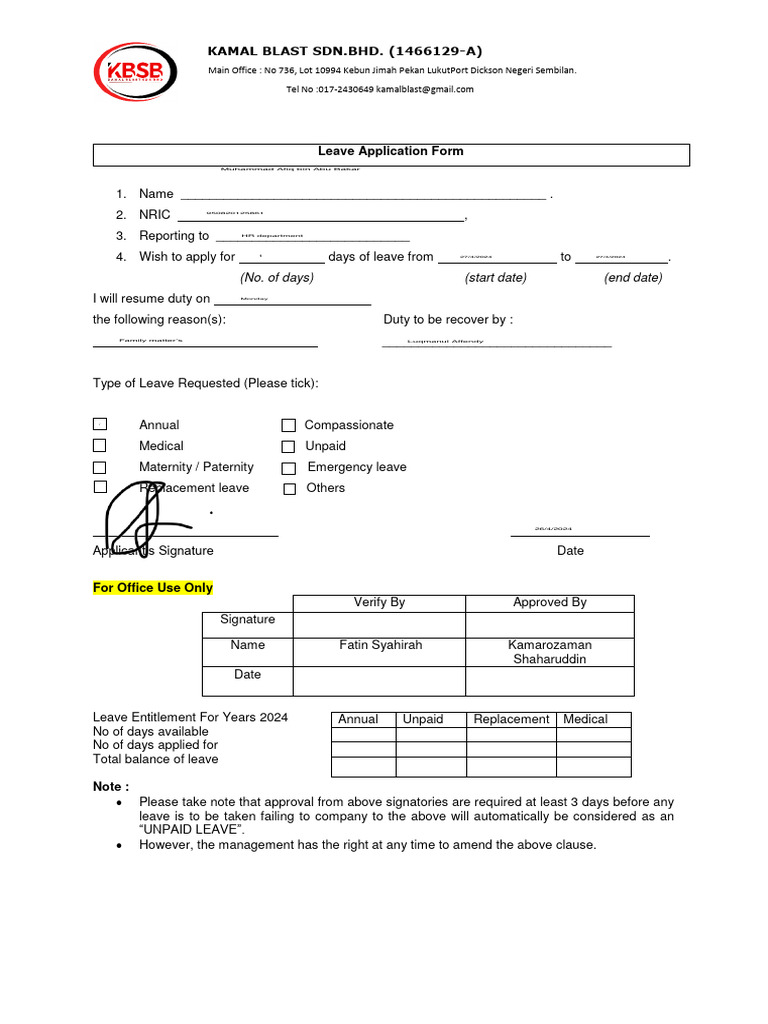 Leave Application Form (Afiq, 26:4:2024) | PDF