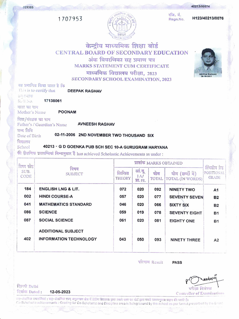X Marksheet Deepak | PDF | Science | Educational Stages