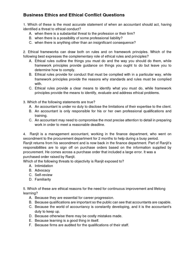 Business Ethics and Ethical Conflict Multiple Choice Questions | PDF ...