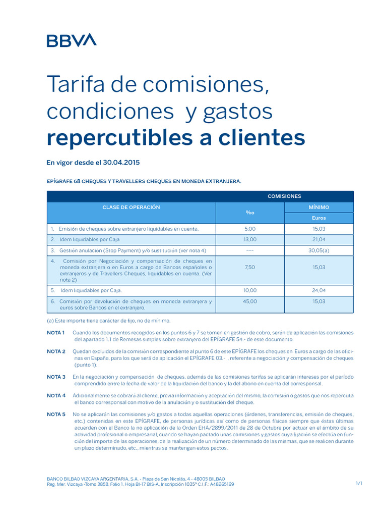 comisiones de bbva cheques | Descargar gratis PDF | Cheque | Economias