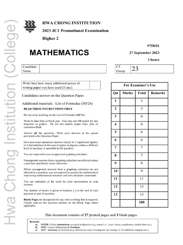 2023 HCI H2 Math JC1 Promo Paper | PDF
