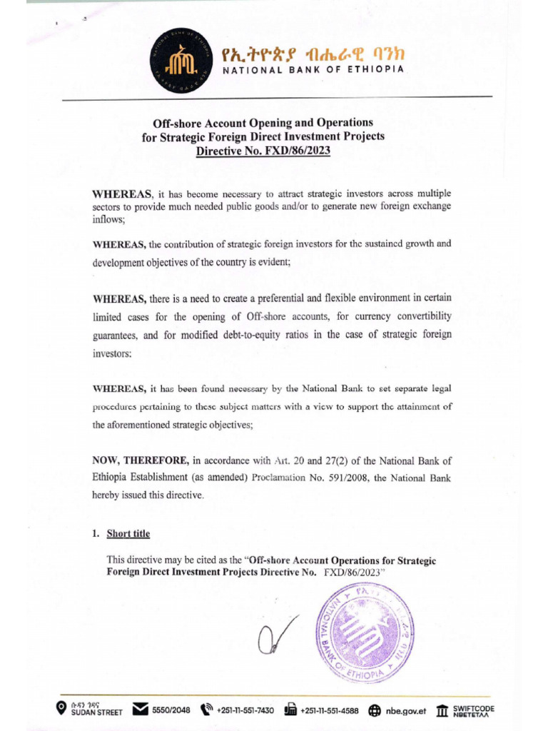 NBE Directive FXD-86-2023 - Off-Shore Account Opening and Operation | PDF