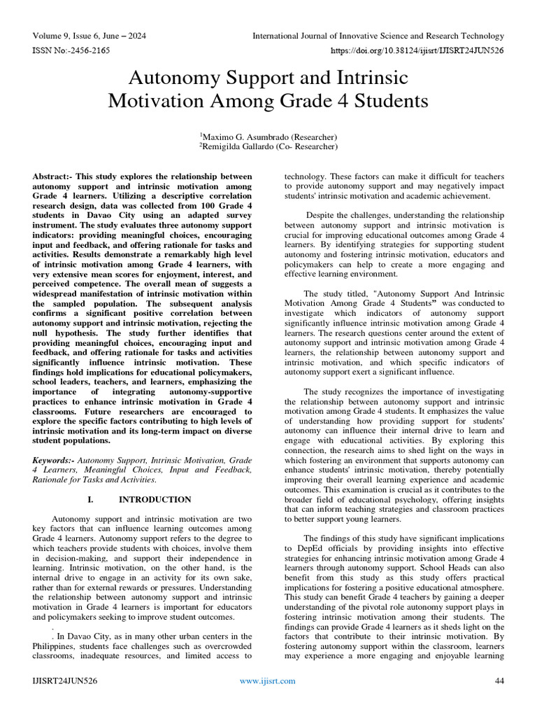 Autonomy Support and Intrinsic Motivation Among Grade 4 Students ...