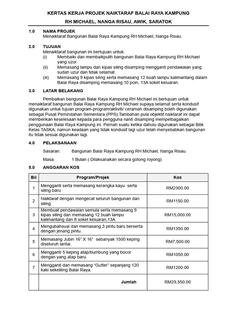 Kertas Kerja Projek Naiktaraf Balai Raya | PDF