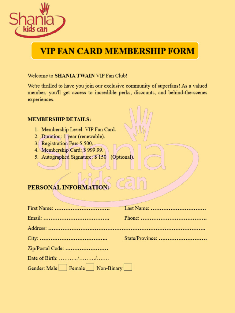 Shania Twain VIP Fan Membership Form | PDF