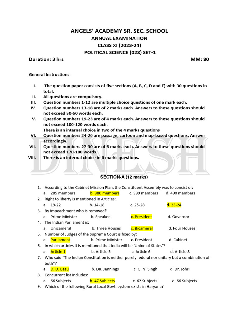 P.Sci Answers Set-1 | PDF | Bill (Law) | Social Equality