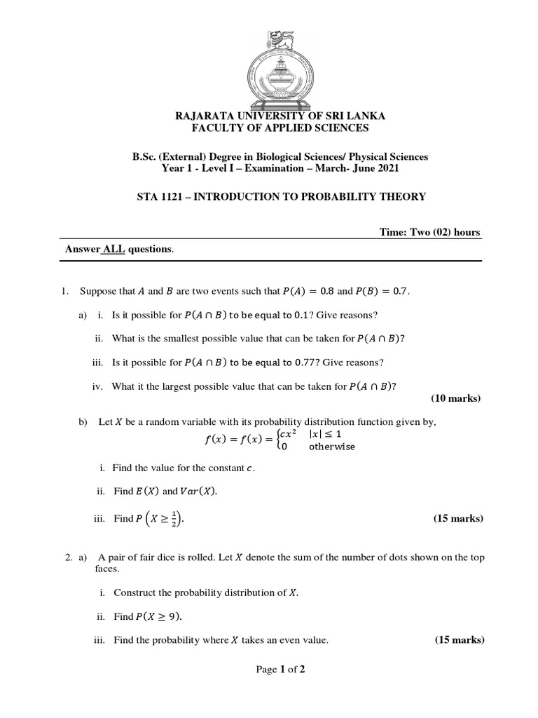 STA 1121 Intoduction To Probability Theory - 2021 | PDF | Random ...