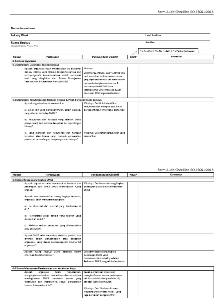 Form Audit Checklist Iso 45001 2018 | PDF