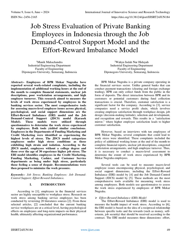 Job Stress Evaluation of Private Banking Employees in Indonesia Through ...