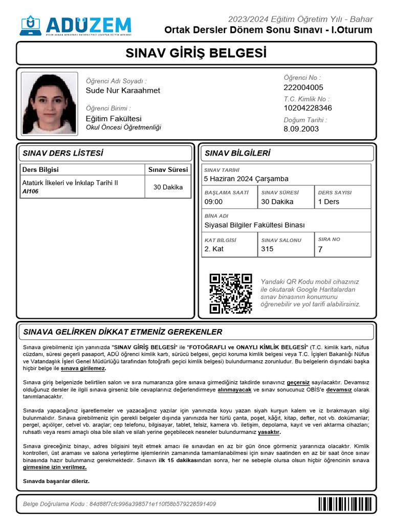 Sinav Gi̇ri̇ş Belgesi̇ | PDF