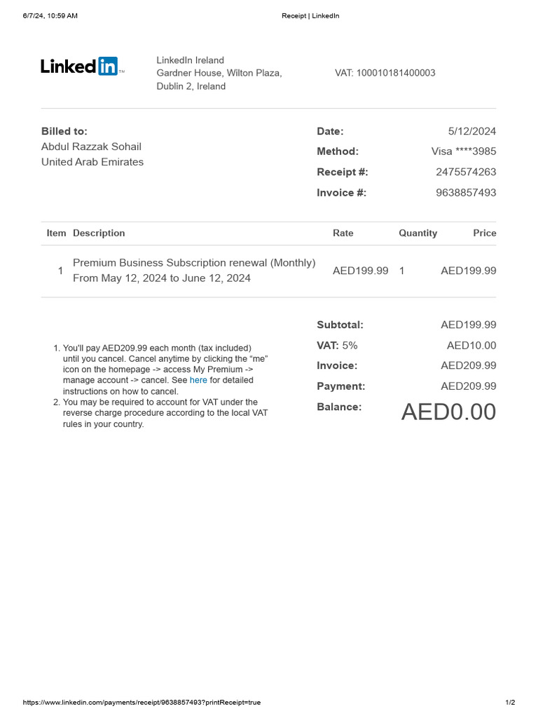 Linkedin Paid Account (May 2024) - Abdul Razzak | PDF | Receipt | Value ...