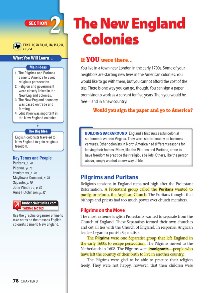 Chapter 3 Section 2 Reading (2) | PDF | New England | Puritans