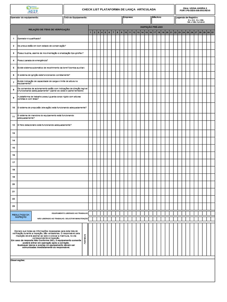 Check List Plataforma de Lança Articulada | PDF