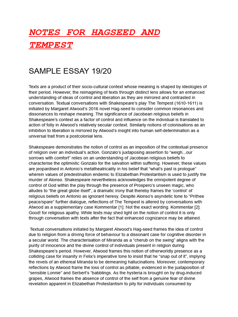 Notes For Hagseed and Tempest | PDF | The Tempest | Forgiveness
