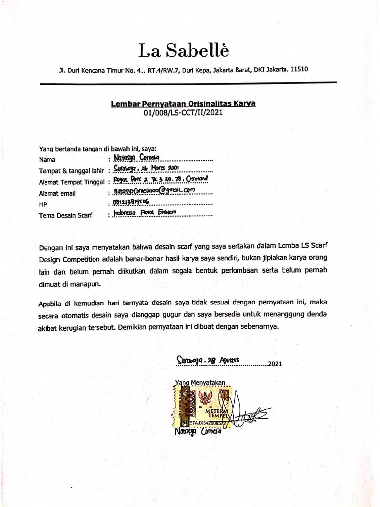 Lembar Pernyataan Orisinalitas Karya | PDF