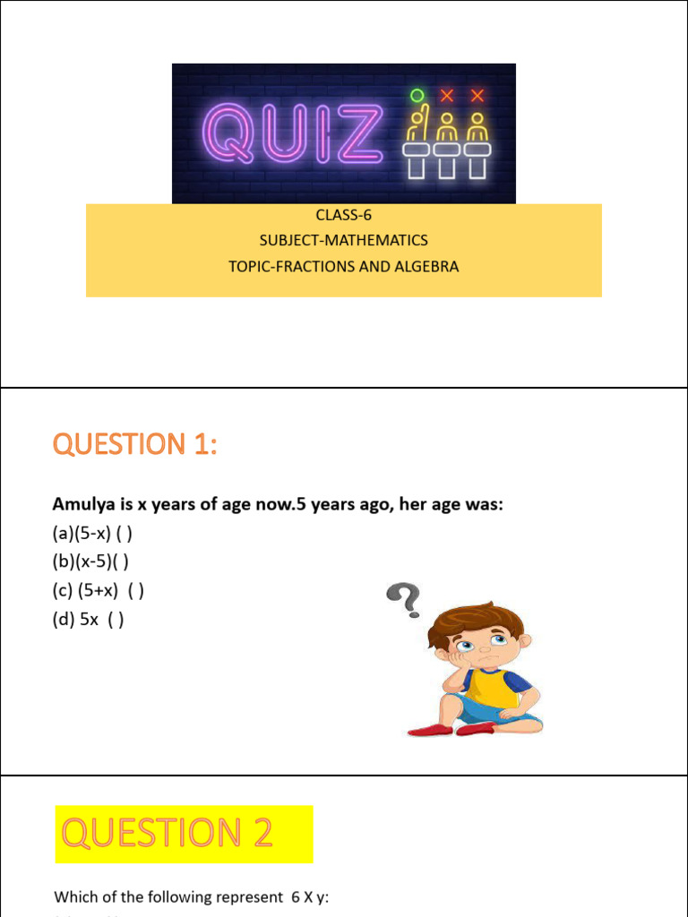 Class 6 Algebra and Fractions Quiz | PDF | Teaching Methods & Materials ...