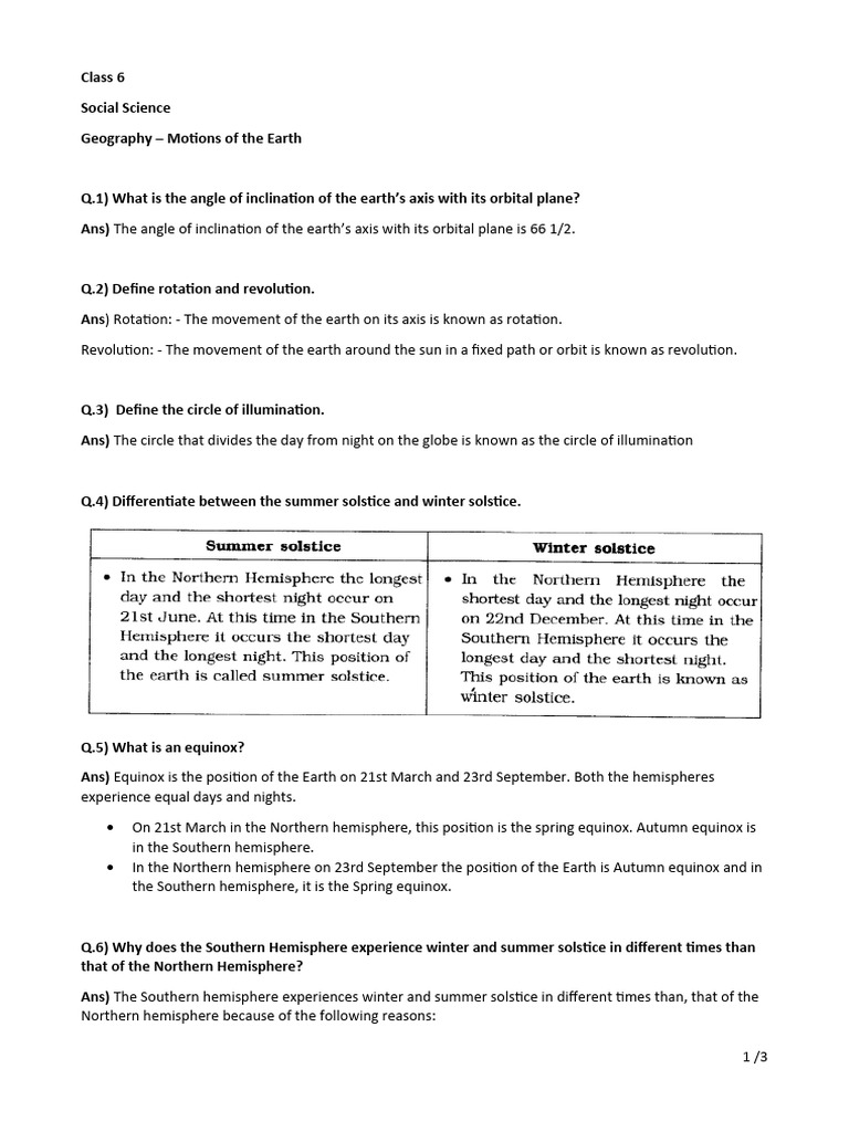 Class 6 Geography: Earth's Motions | PDF | Night | Rotation
