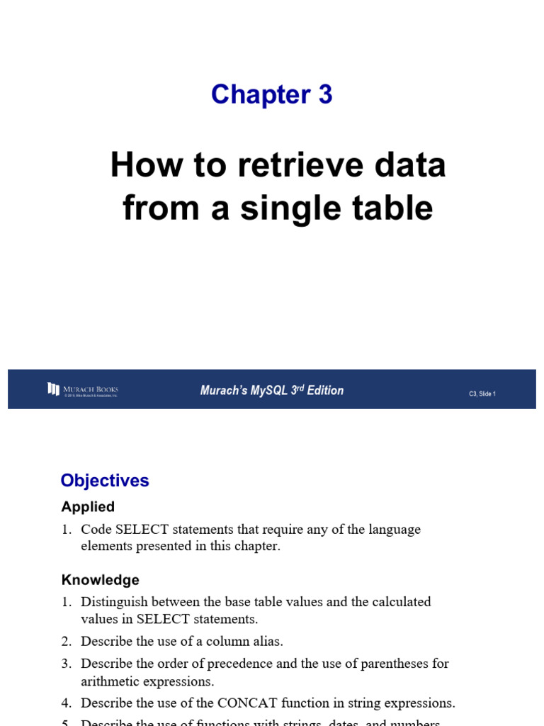 MySQL2 Query1Table (Murach 3e Slides Chap 03) | PDF | Mathematics | Computer Programming