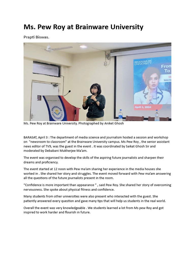 Workshop with Ms. Pew Roy at Brainware | PDF | Social Science | Self-Improvement