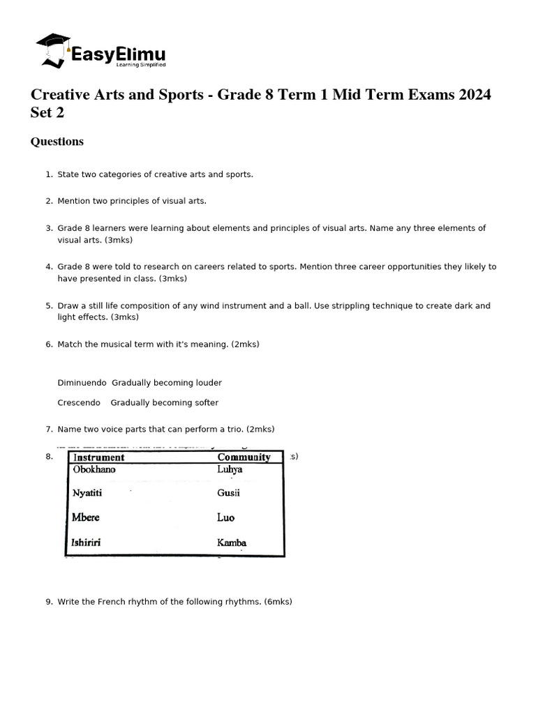 Creative Arts and Sports - Grade 8 Term 1 Mid Term Exams 2024 Set 2-251 ...