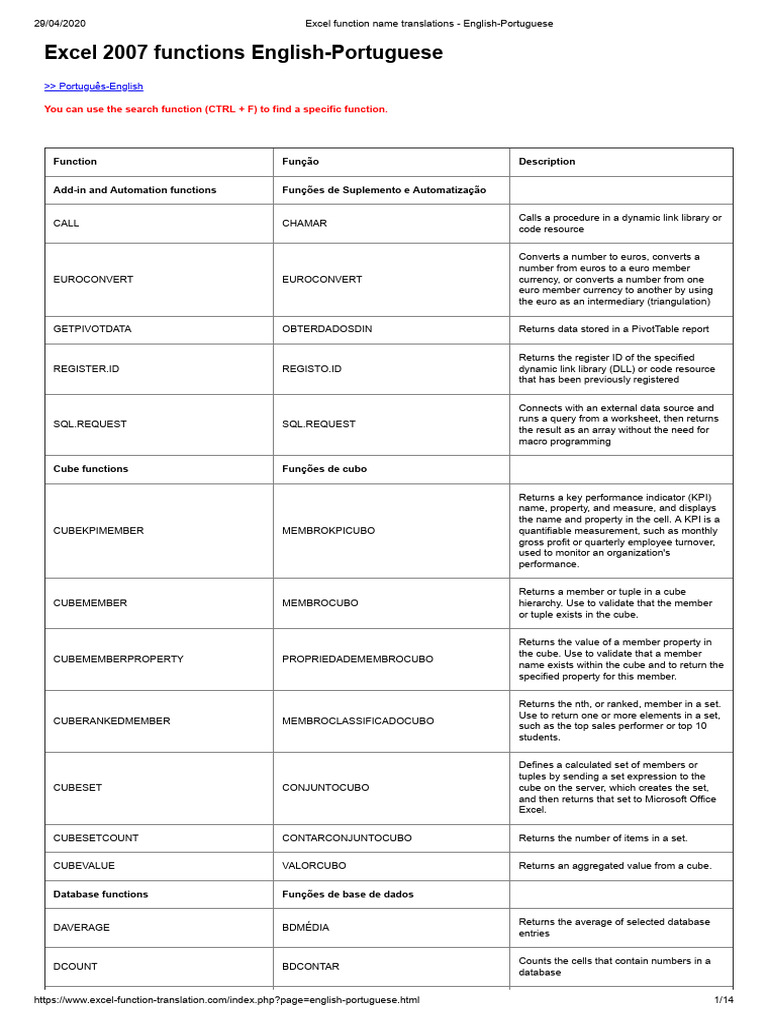 Excel Function Name Translations - English-Portuguese | PDF | Internal ...