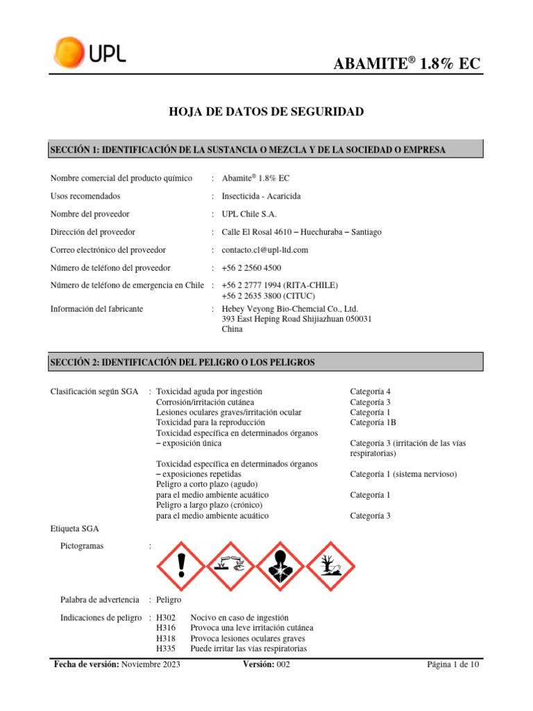 Hoja de Seguridad | PDF | Agua | Toxicidad