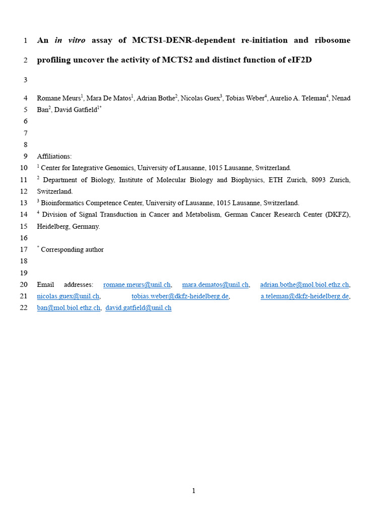 An in Vitro Assay of MCTS1-DENR-dependent Re-Initiation and Ribosome1 ...