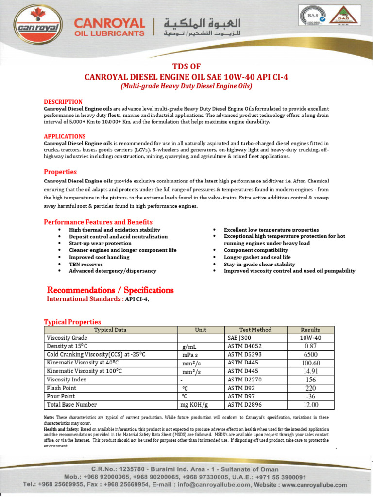 01-TDS.CANROYAL DIESEL ENGINE OIL SAE 10W-400 API SP CI-4 | PDF | Motor Oil | Mechanical Engineering