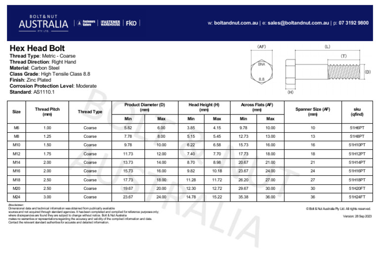 Specs - Hex Bolt Metric Coarse High Tensile Class 8.8 Zinc Silver AS1110.1 | PDF | Screw ...