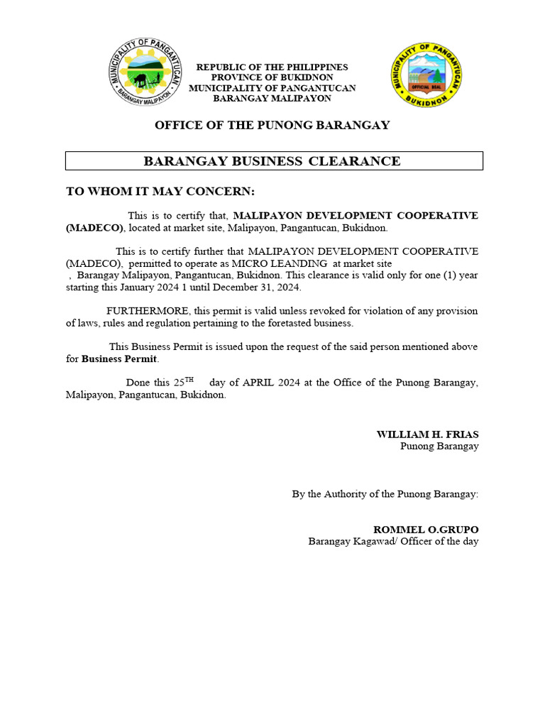 Barangay Business Clearance for MADECO | PDF