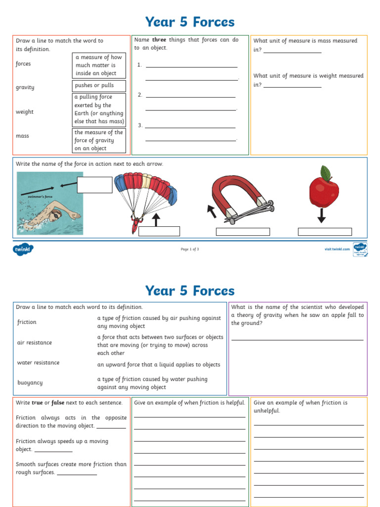 Year 5 Forces Revision Activity Mat | PDF | Force | Weight
