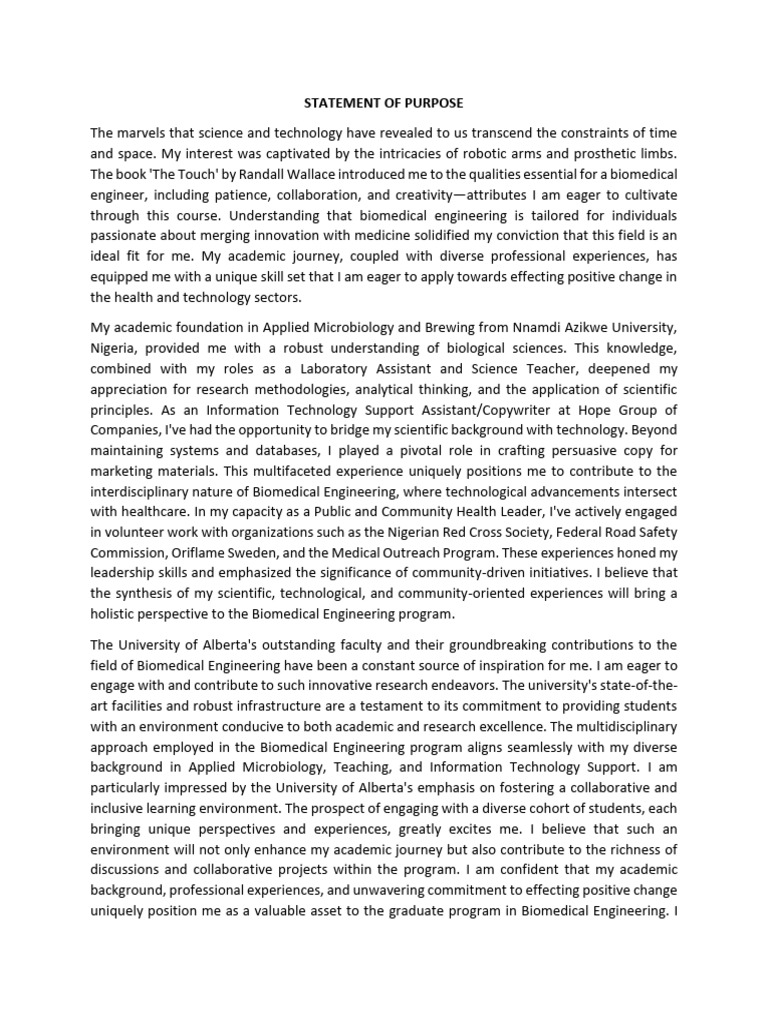 SOP - Uni of Alberta - Onu Chidinma | PDF | Engineering | Science