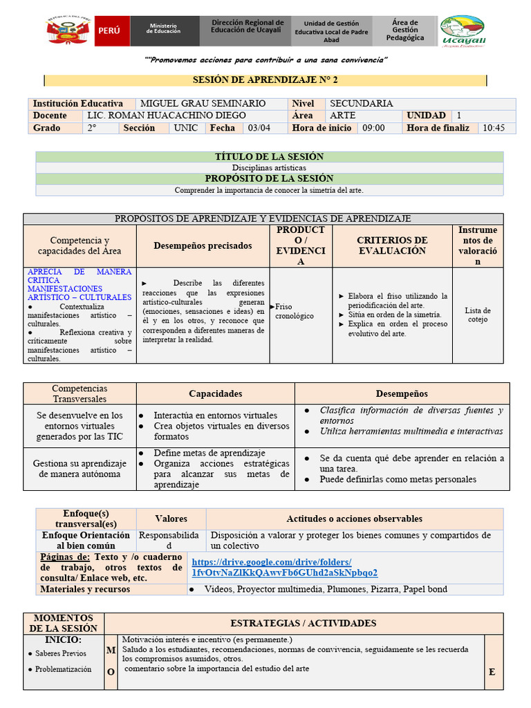 FORMATO Sesión de Aprendizaje - UGEL PADRE ABAD - 2024 ARTE 2° EDA 1 semana 2 | Descargar gratis ...