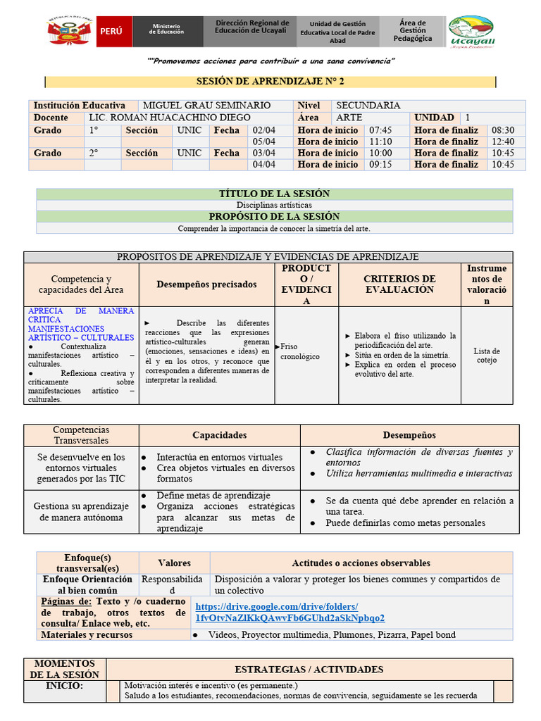 FORMATO Sesión de Aprendizaje - UGEL PADRE ABAD - 2024 ARTE 1° EDA 1 Semana 2 | Descargar gratis ...