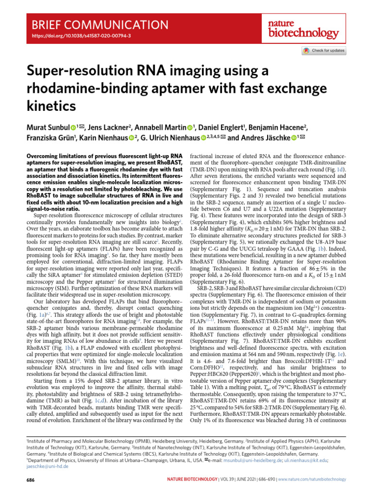 Super-Resolution RNA Imaging Using A Rhodamine-Binding Aptamer With Fast Exchange Kinetics | PDF ...