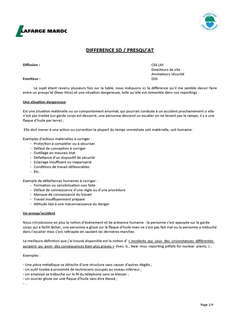 Différence entre presqu'accident et situation dangereuse | PDF ...