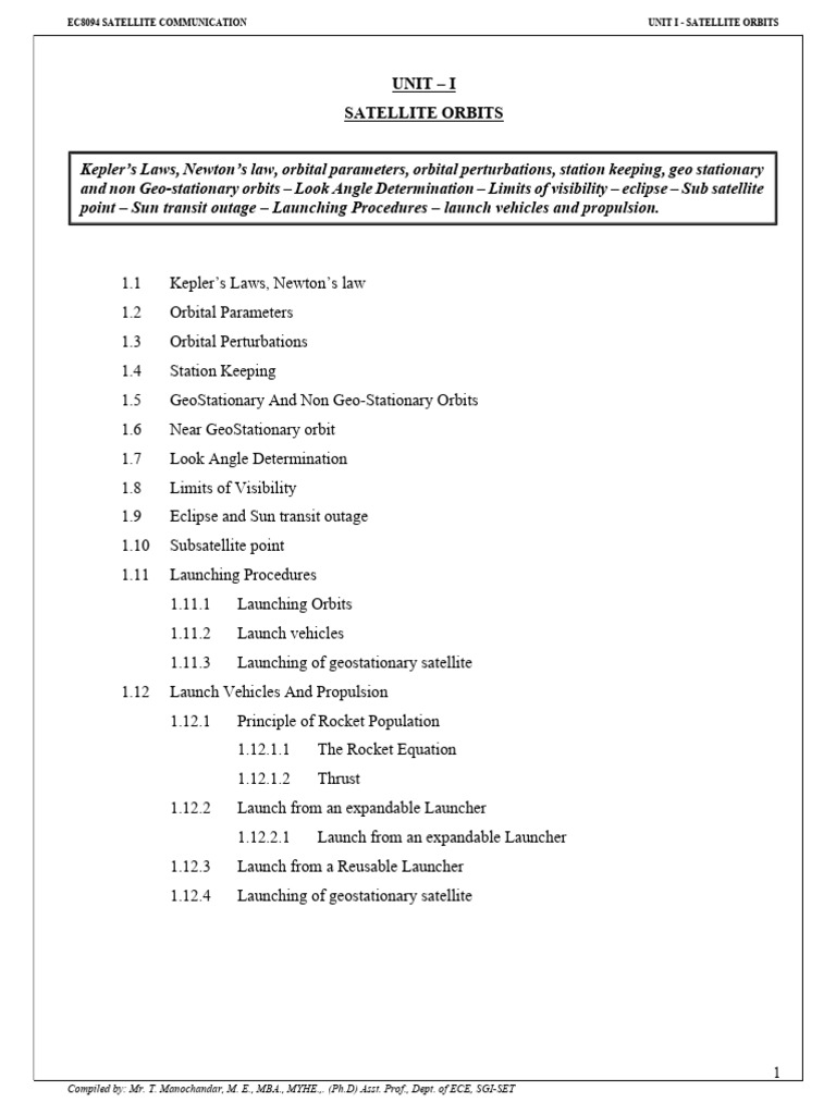 CEC 365 Satellite Communication Notes | PDF | Orbit | Force